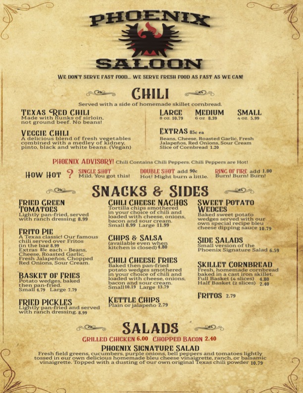 Menu - The Phoenix Saloon : The Phoenix Saloon